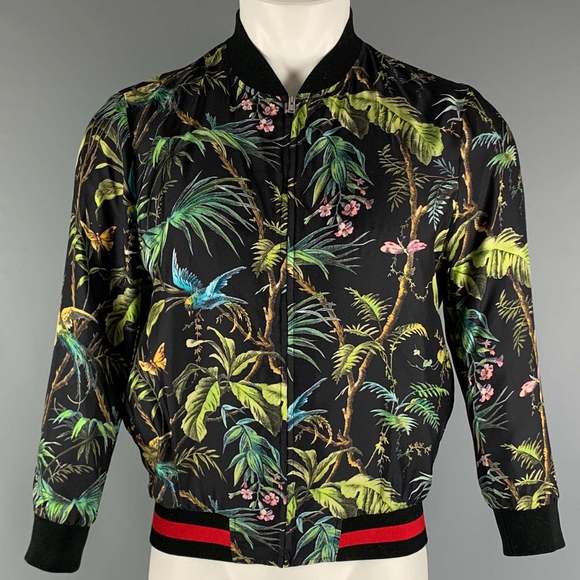 Gucci | Jackets & Coats | Gucci Black Green Forest Jungle Graphic Silk ...